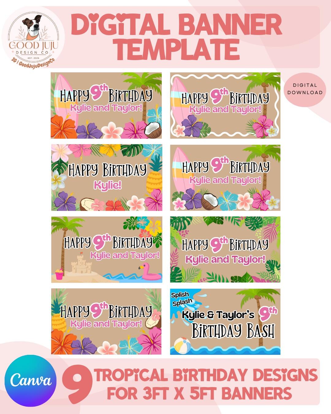 9 Tropical Birthday Banner Design Templates - Editable, 3x5 - Etsy