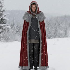 Red Hooded Cloak With Faux Fur Trim:medieval Fantasy Cape Gothic Winter ...