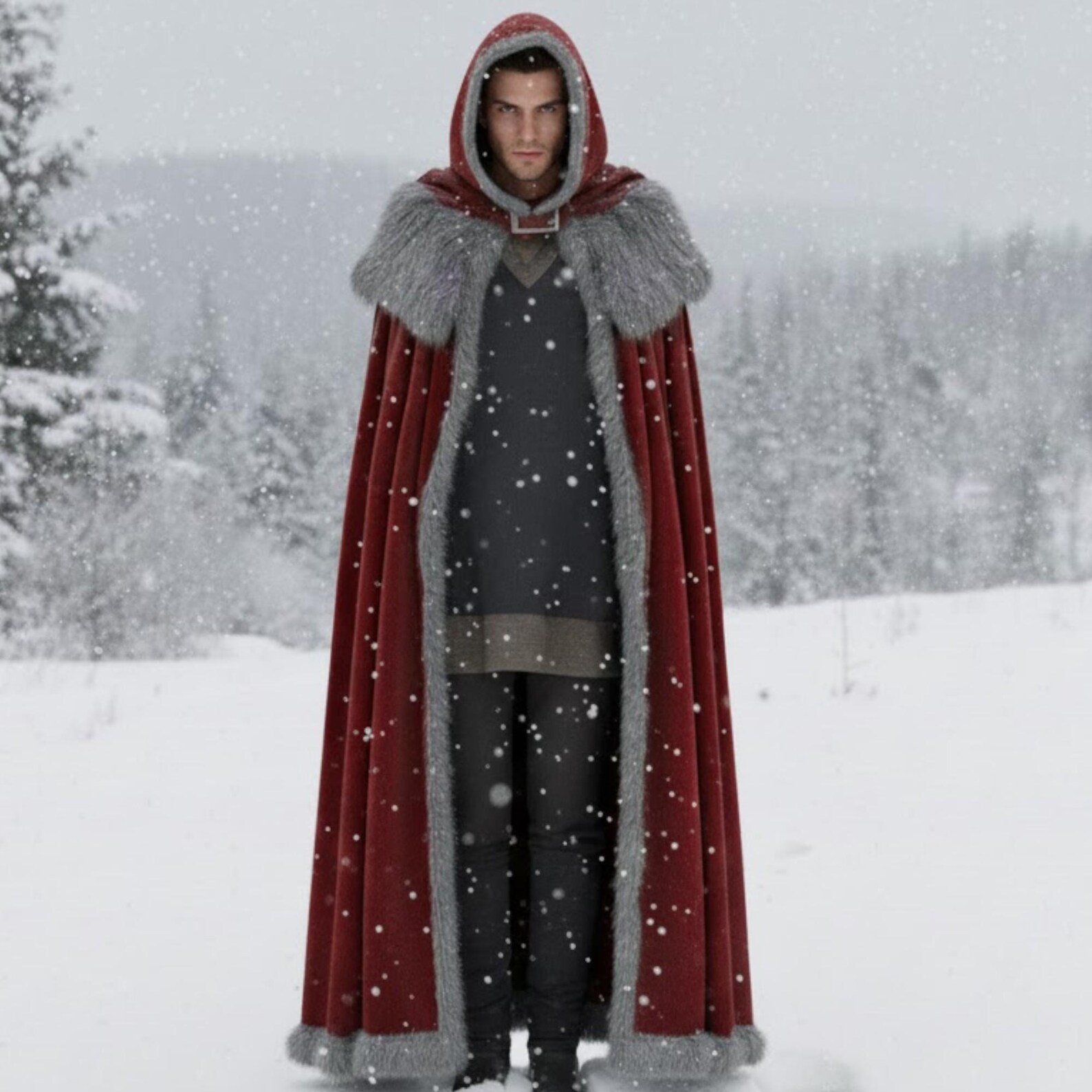 Red Hooded Cloak With Faux Fur Trim:medieval Fantasy Cape Gothic Winter ...