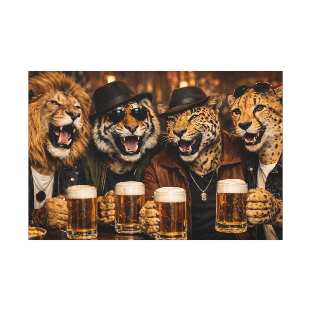 Lion Tiger Leopard Cheetah Friends Drinking Beer Matte Canvas Wall Art ...