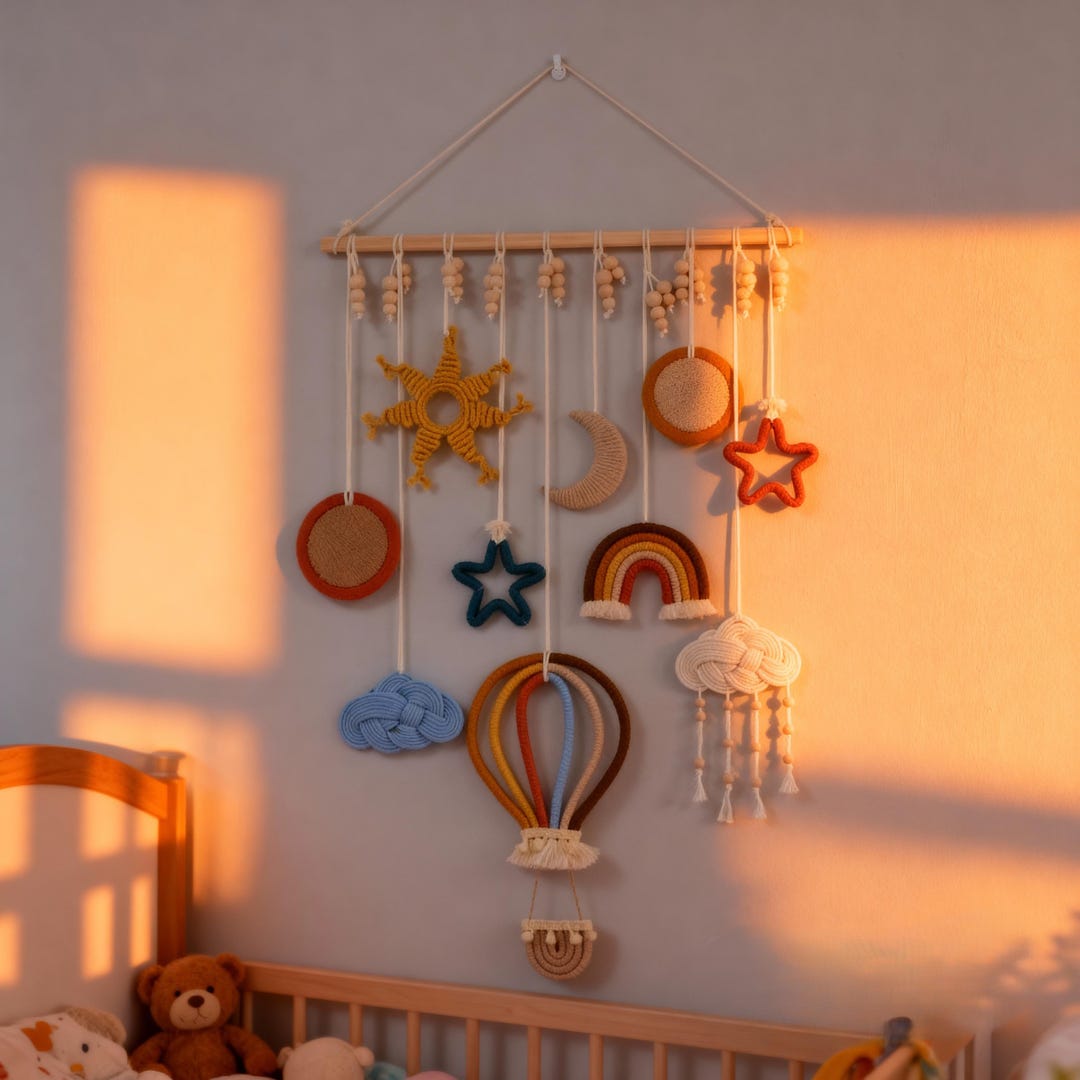 Boho Macrame Nursery Wall Hanging, Hot Air Balloon, Rainbow, Handmade ...