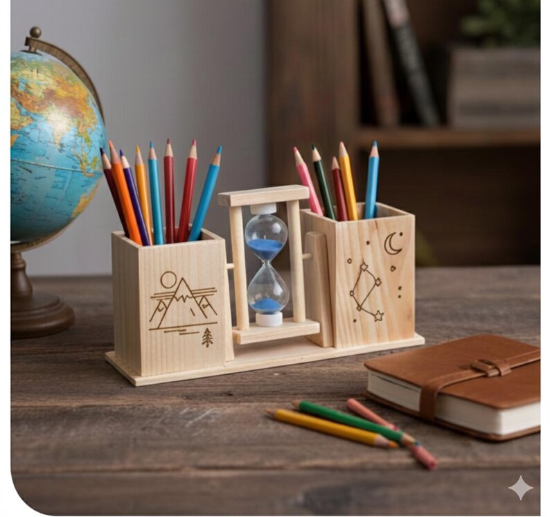 Wooden Desk Organizer With Hourglass Timer, Handmade Pencil Holder for ...