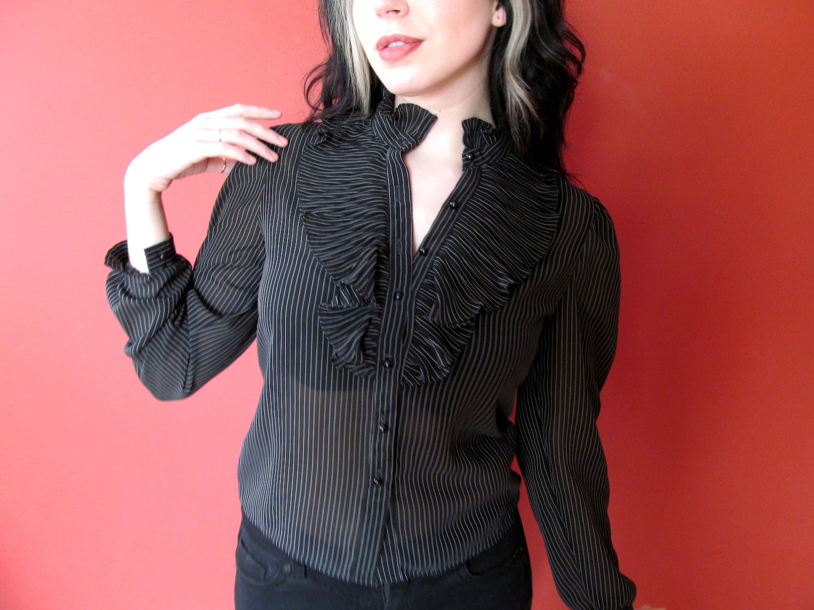 Vtg 70s Sheer Pinstripe Ruffle Blouse / Black Ruffled Blouse - Etsy