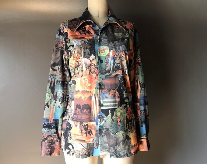 Vtg 60s 70s Novelty Button up Shirt / All Over Horse Graphic Photo ...