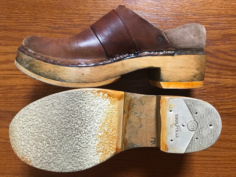 Vtg 60s Handmade Brown Leather and Wood Clogs / Size 9.5 - Etsy