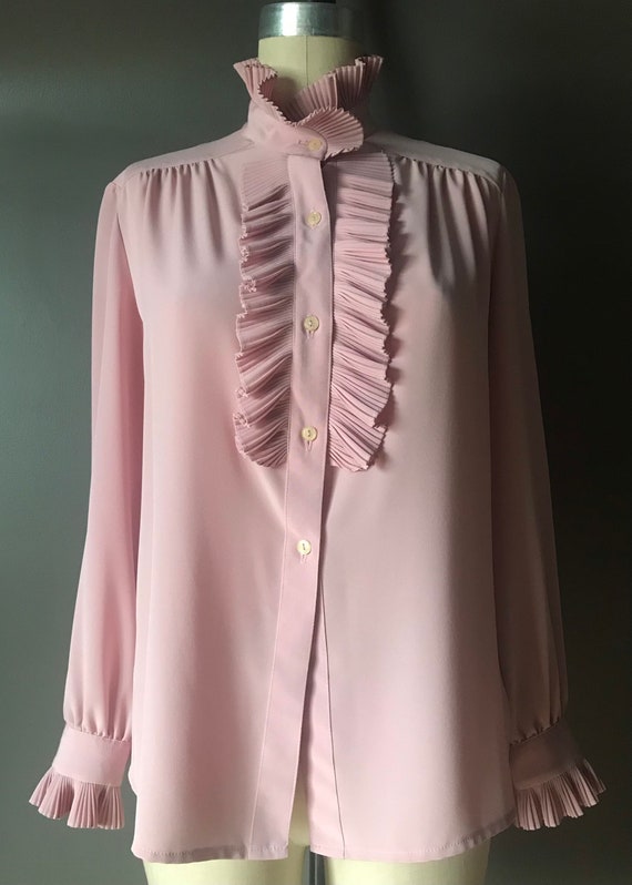 Vtg 70s 80s Blush Blouse / High Neck Ruffle - Gem