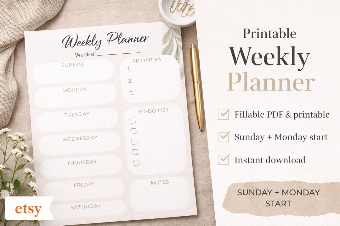 Minimalist Weekly Planner Printable | Fillable PDF, Sunday/monday Start ...