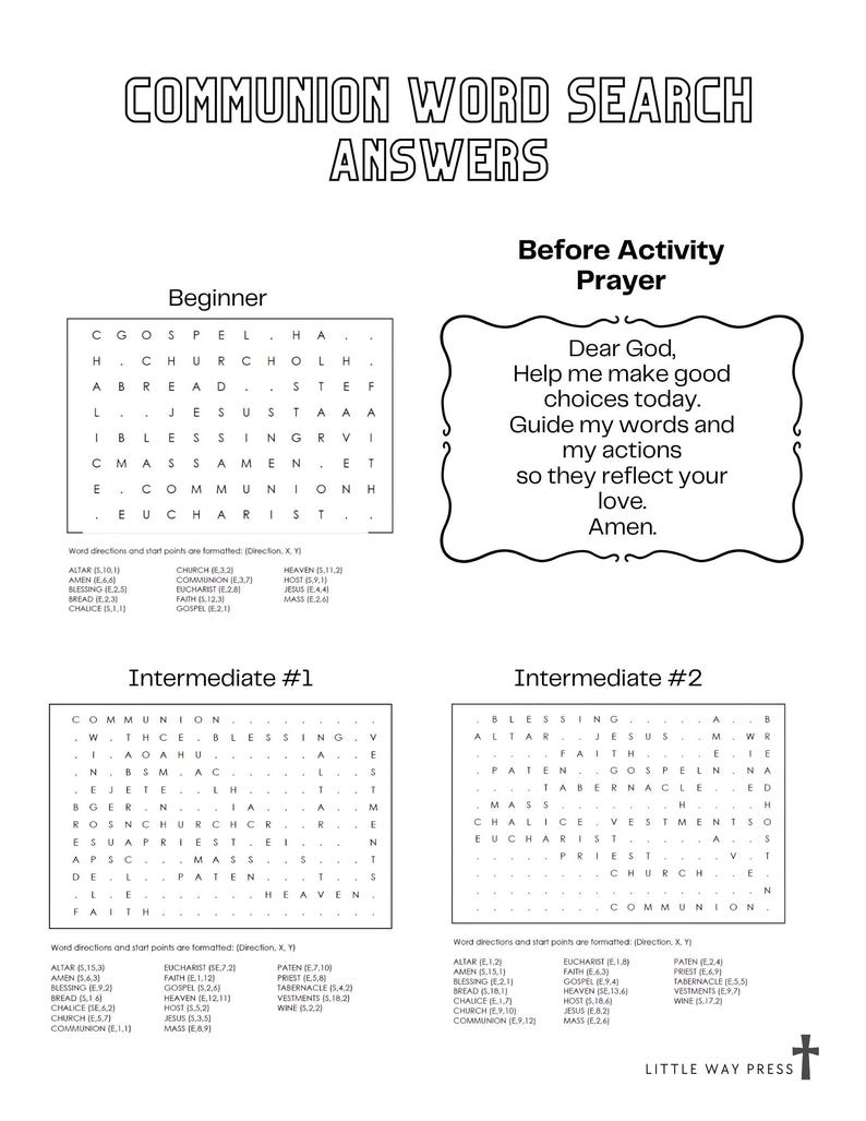Catholic Quiet Mass Activity Printable Kids 7-10 First Communion Word ...