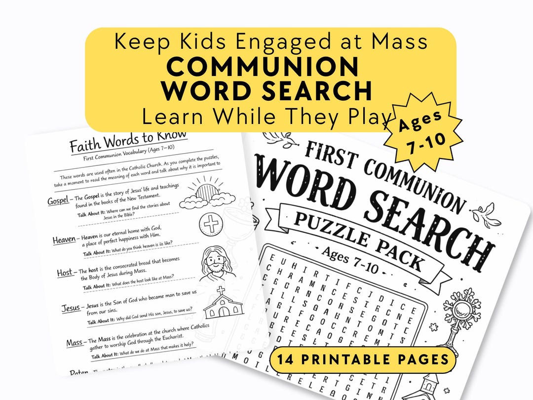 Catholic Eucharist Word Search Worksheet Printable Kids 7-10, First ...