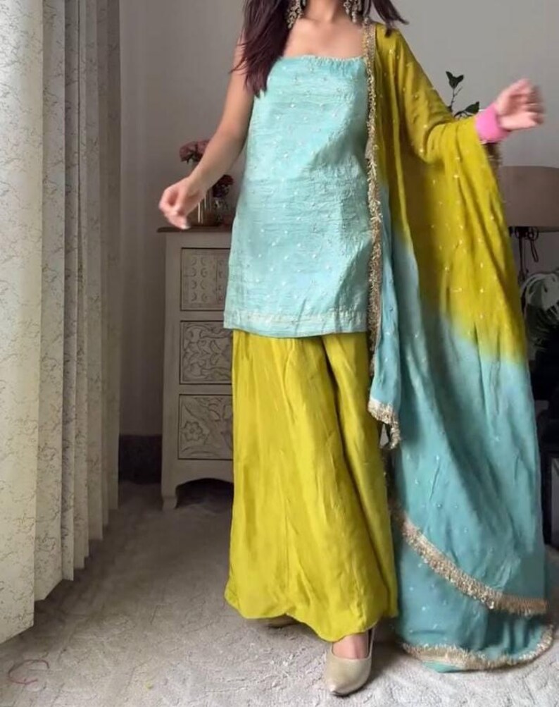 Designer Chinon Silk Palazzo Suit Set | Sequence Thread Work Party Wear ...