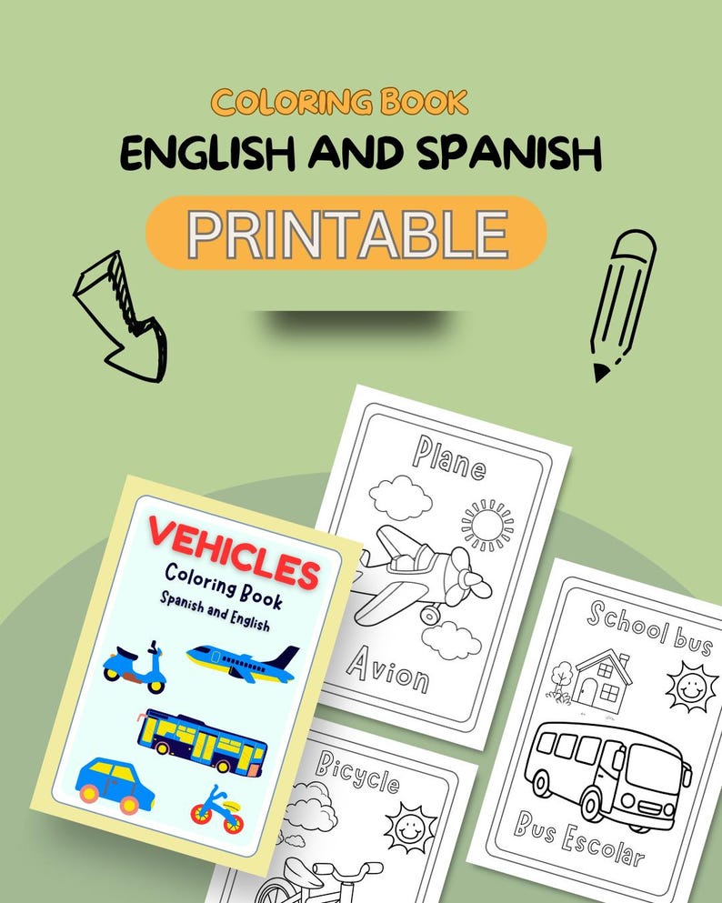 Bilingual Transport Coloring Book Kids, Vehicles Spanish English ...