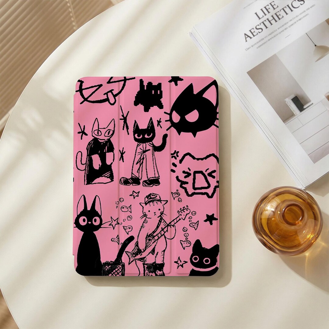 Black Cat Doodle iPad Case With Pencil Holder for 2025 M3 Air 7/6/5/4th ...