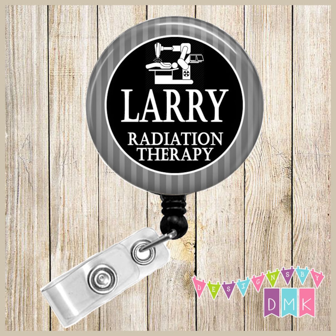 Personalized - Radiation Therapy - Grey Stripe Button Badge Reel ...