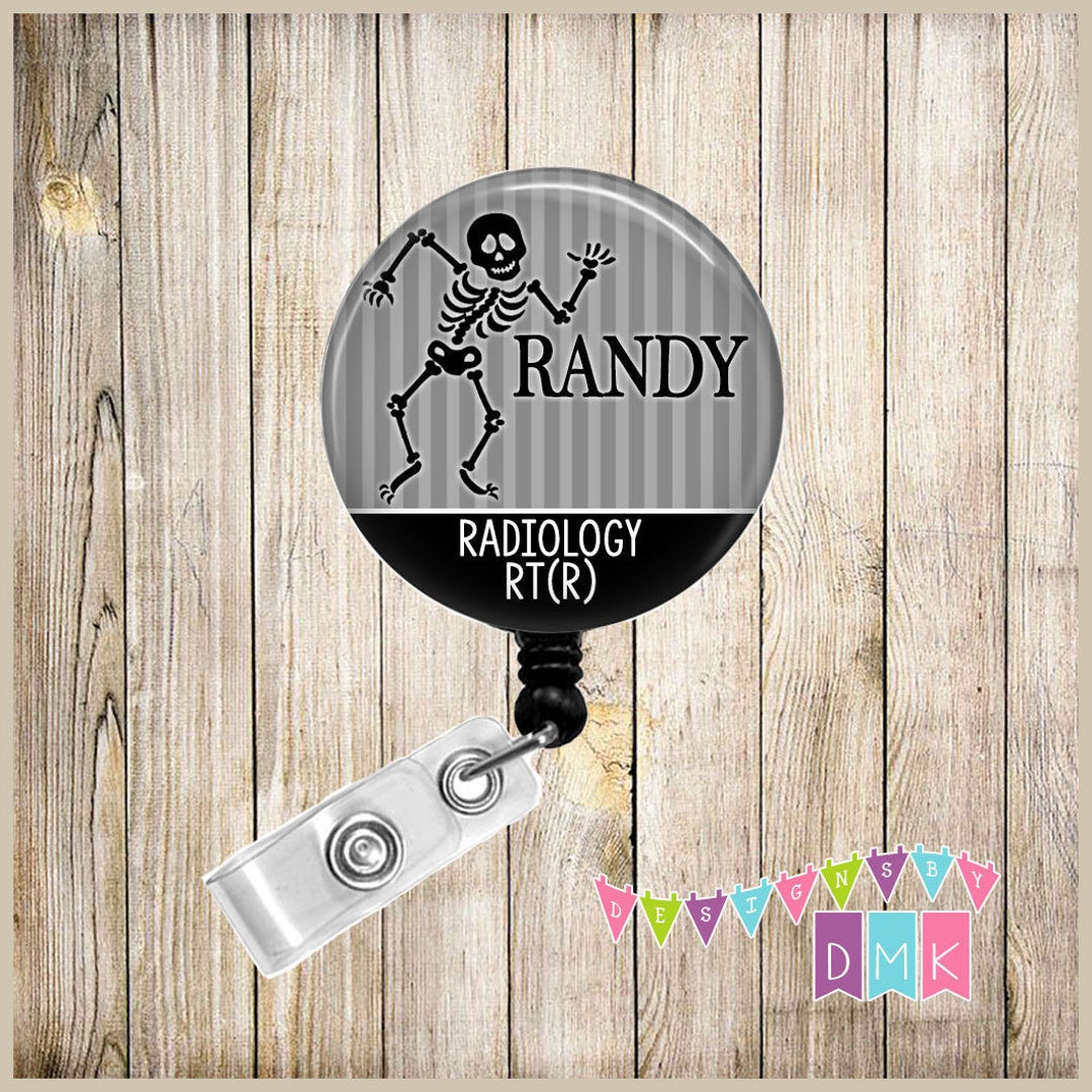 Personalized - Skeleton - RADIOLOGY - Grey Stripes Button Badge Reel ...