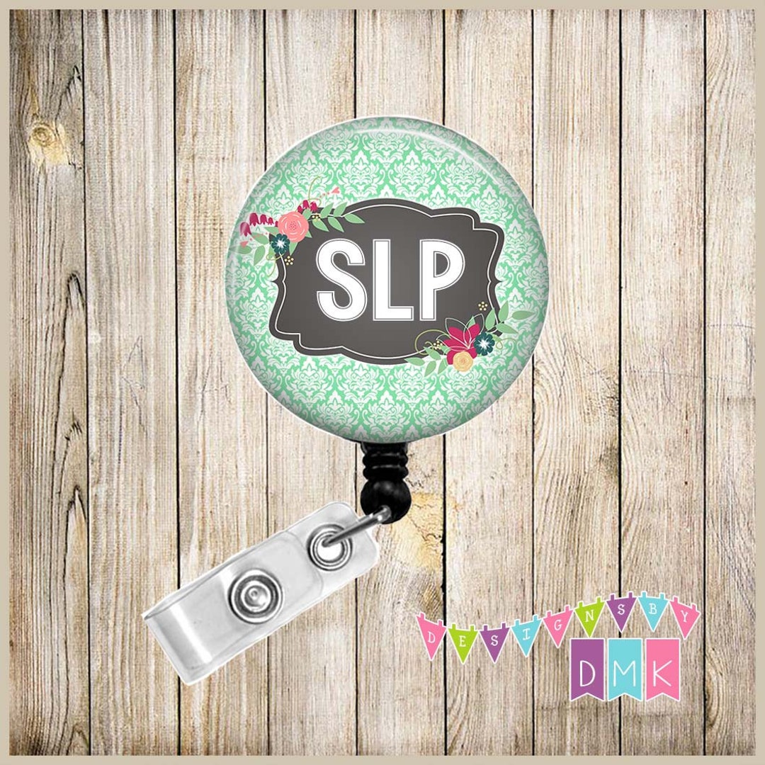 Speech Language Pathology SLP Green Damask Floral Button Badge Reel ...