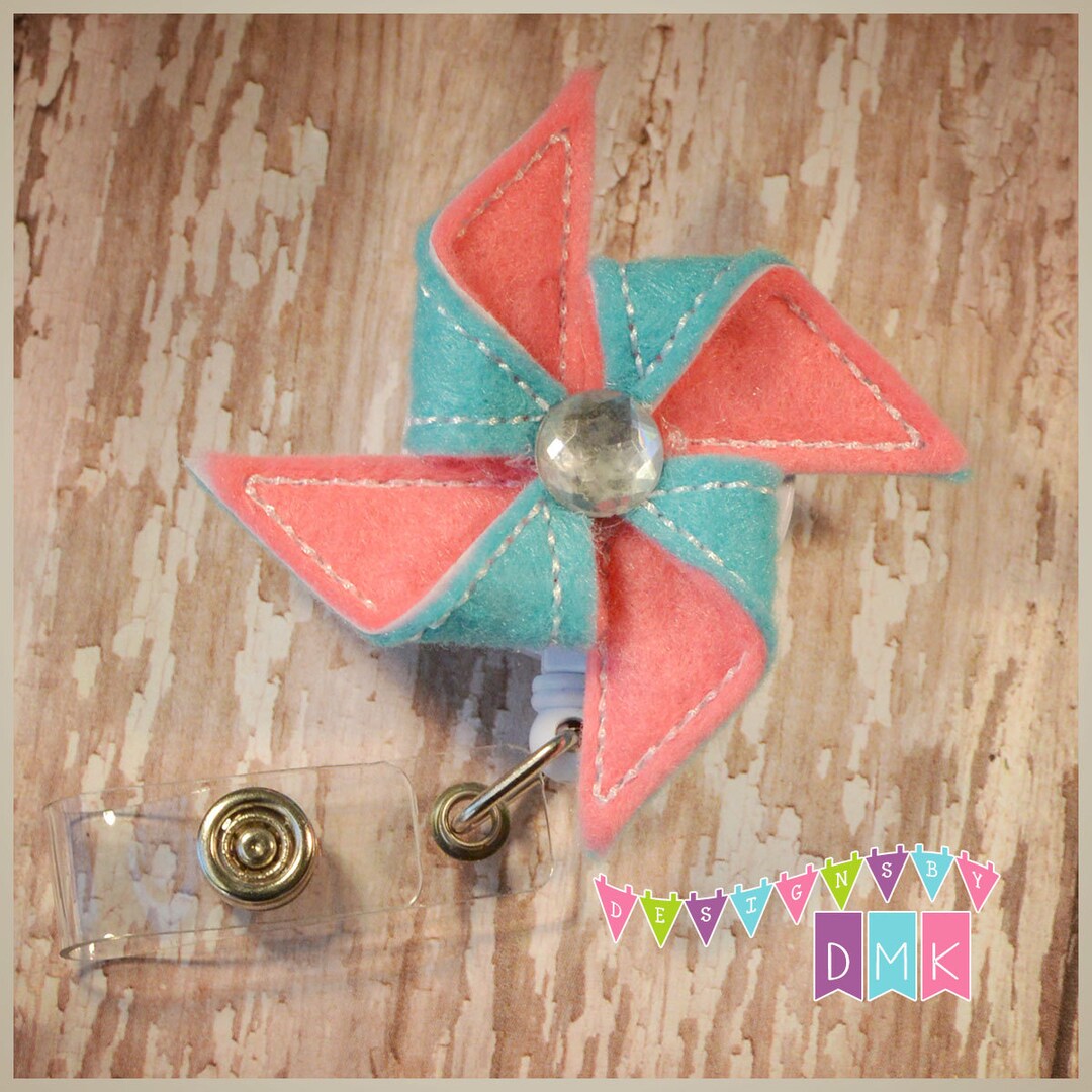 Whirly Gig Pinwheel Brite Pink & Brite Blue Felt Badge Reel Retractable ...