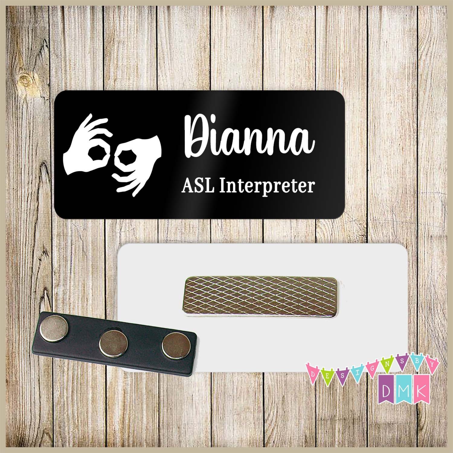 ASL Interpreter Symbol - Black - PERSONALIZED - Custom Name Tag - 1.25 ...