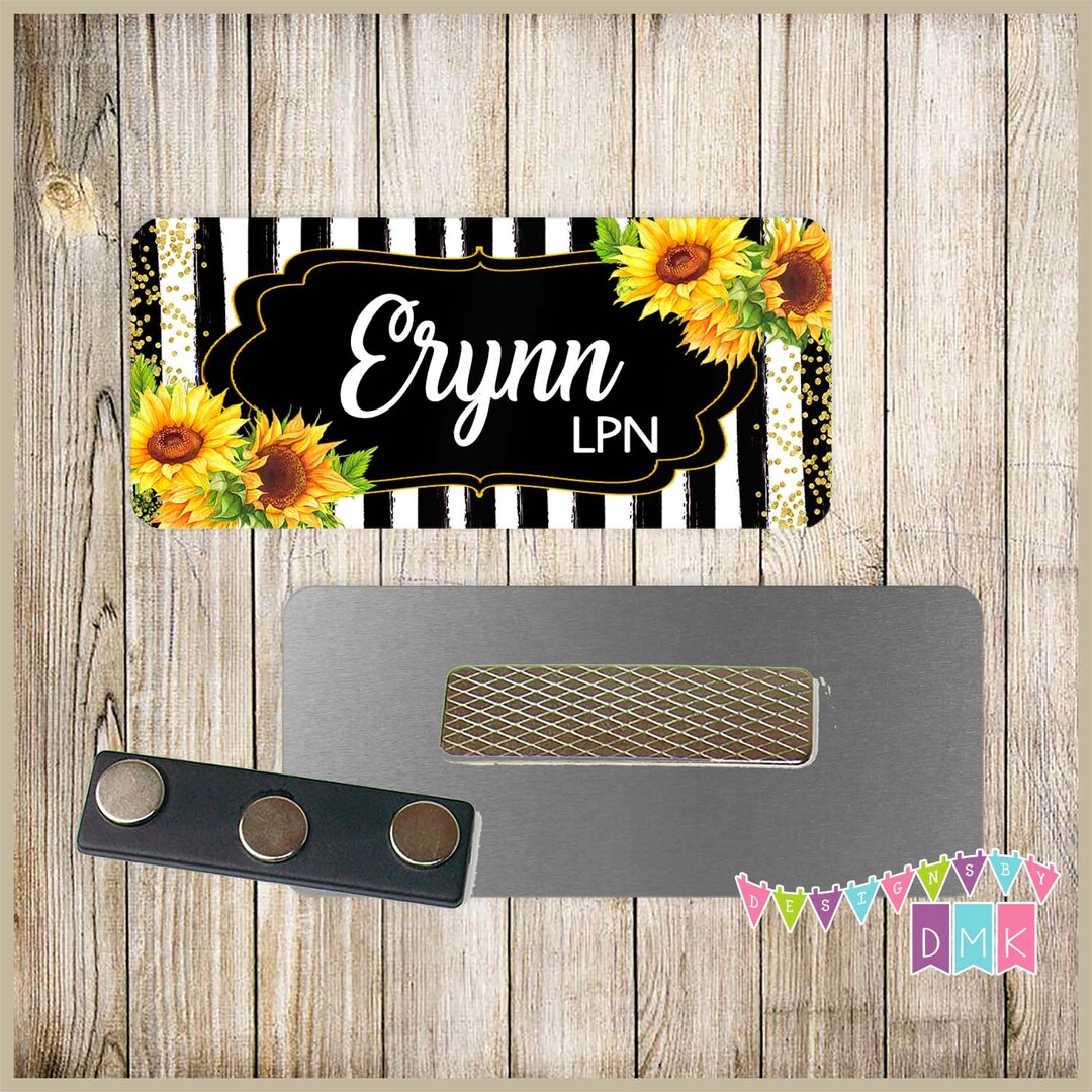 Sunflowers - Black & White Stripe - PERSONALIZED - Custom Name Tag - 1. ...