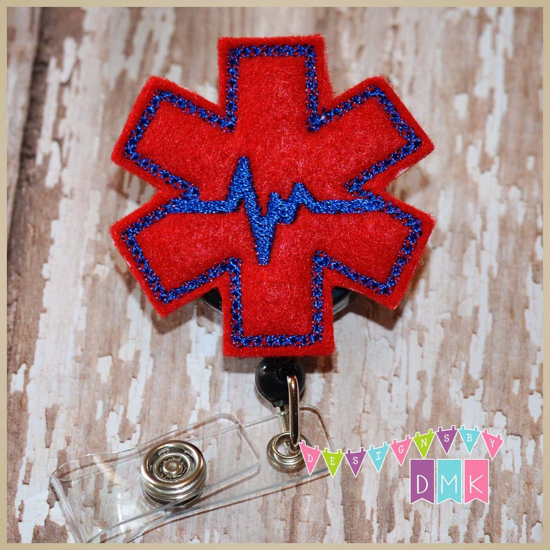 EMT Symbol Red With Blue Felt Badge Reel Nuerology Nurse Retractable ID ...