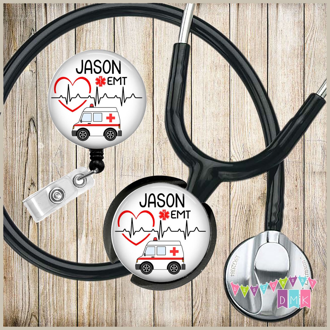 Personalized - EMT - Ambulance - Combo Badge Reel & Stethoscope ID Name ...