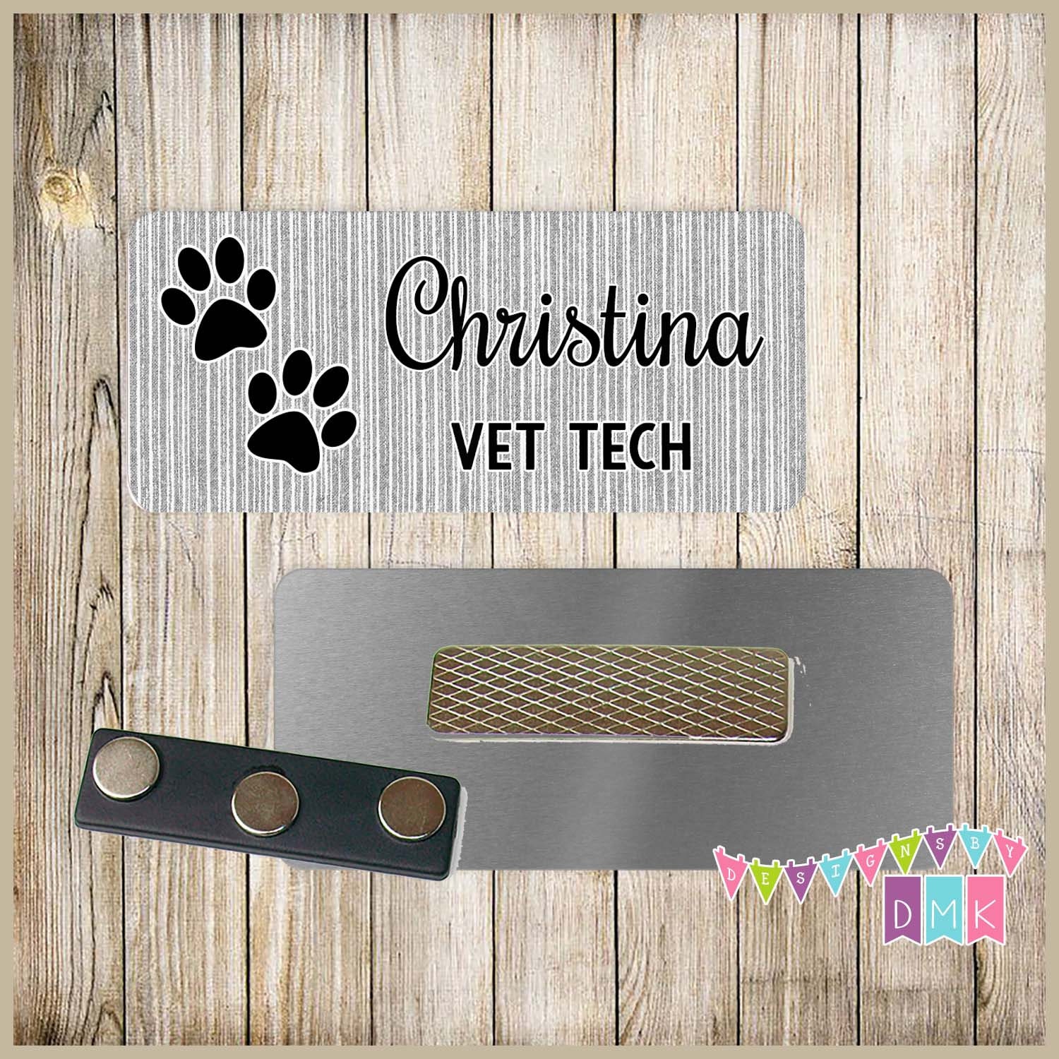 Paw Prints - Grey - Vet Tech - PERSONALIZED - Custom Name Tag - 1.25" X ...