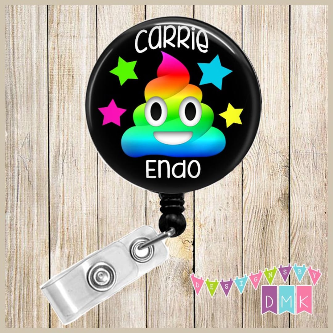 Rainbow Poo With Stars Personalized Endo Black Button Badge Reel ...
