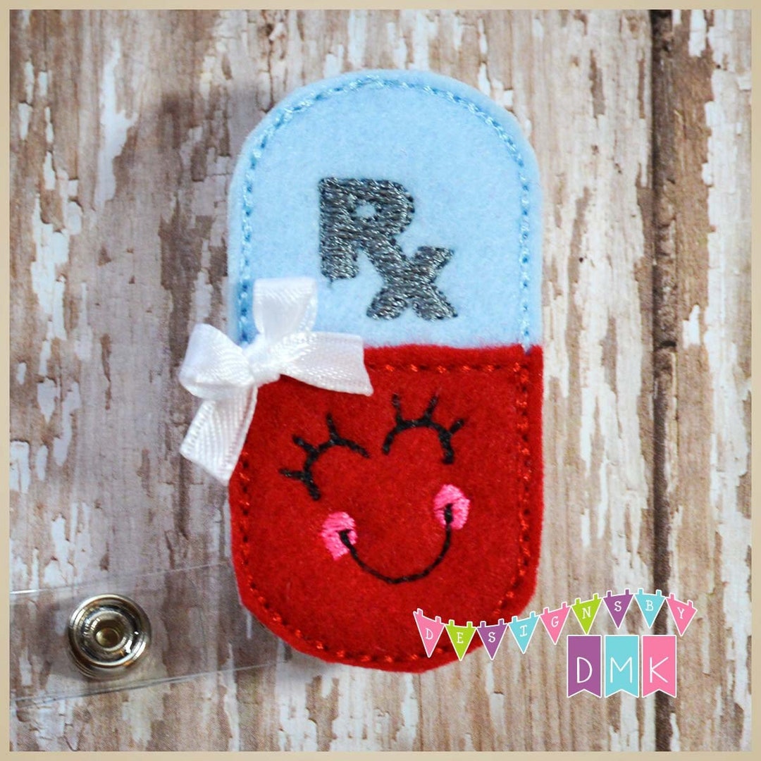 Happy Pill Rx - Light Blue & Red - Felt Badge Reel Retractable ID Badge ...