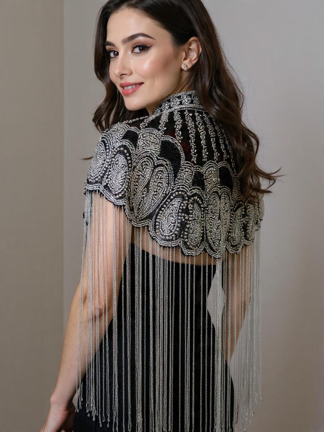 Silver Cape With Fringe and Handmade Pearls, Suitable for Brides and ...