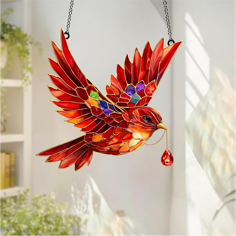 Flying Bird Suncatcher With Crystal Drop, Acrylic Stained Glass Style ...