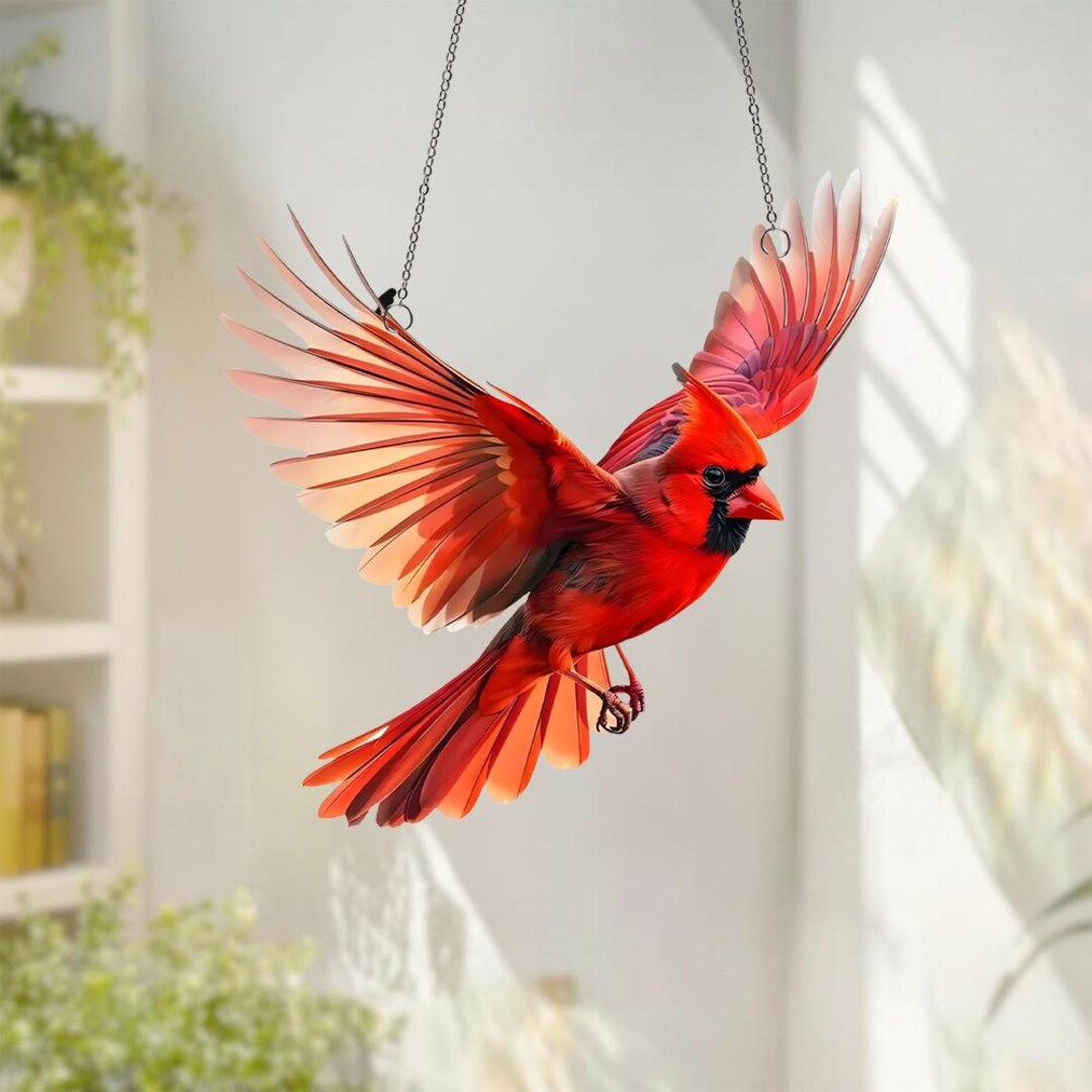 Cardinal Bird Suncatcher, Stained Glass Style Window Hanging, Red Bird ...