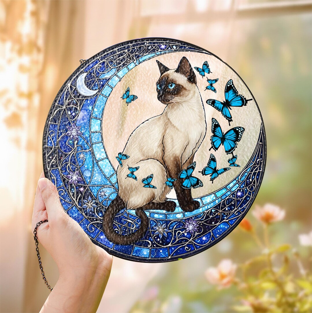 Stained Glass Siamese Cat on Moon Suncatcher, Celestial Galaxy Cat ...