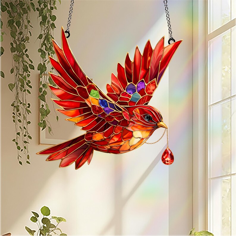 Flying Bird Suncatcher With Crystal Drop, Acrylic Stained Glass Style ...