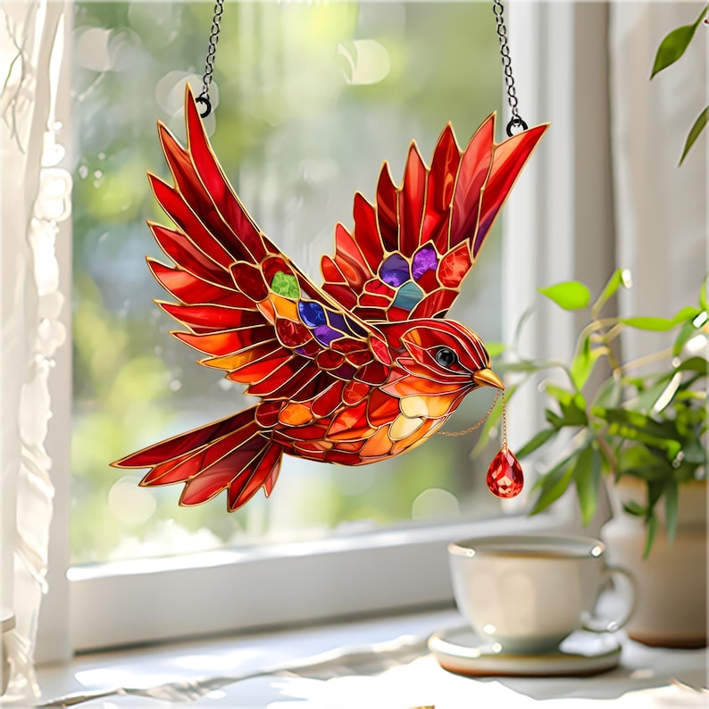 Flying Bird Suncatcher With Crystal Drop, Acrylic Stained Glass Style ...