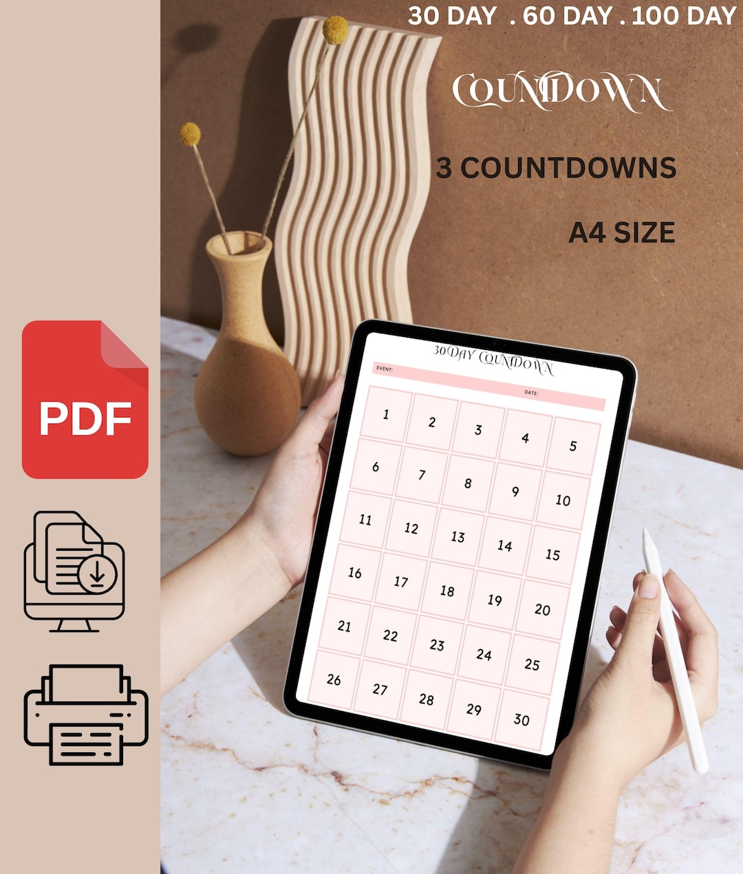 30, 60, 100 Day Countdown Tracker Printable, Elegant Event for Wedding ...