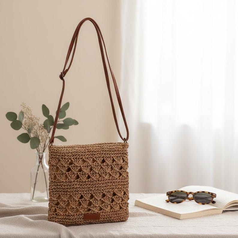 Paper Straw Crossbody Bag, Solid Color Shoulder Messenger Bag for Women ...