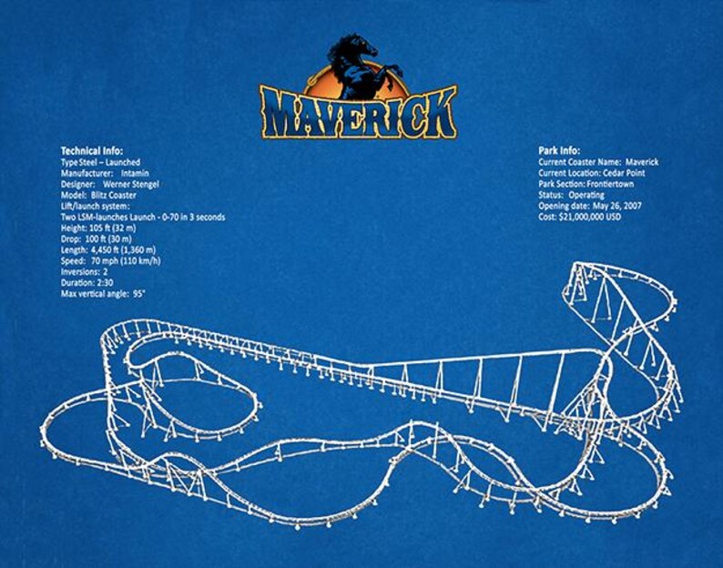 Maverick Roller Coaster Drawing, Cedar Point Roller Coaster, Maverick ...