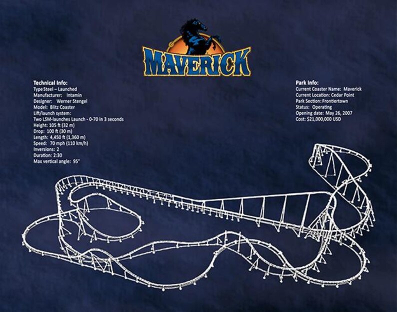 Maverick Roller Coaster Drawing, Cedar Point Roller Coaster, Maverick ...