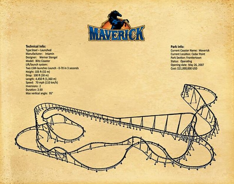 Maverick Roller Coaster Drawing, Cedar Point Roller Coaster, Maverick ...