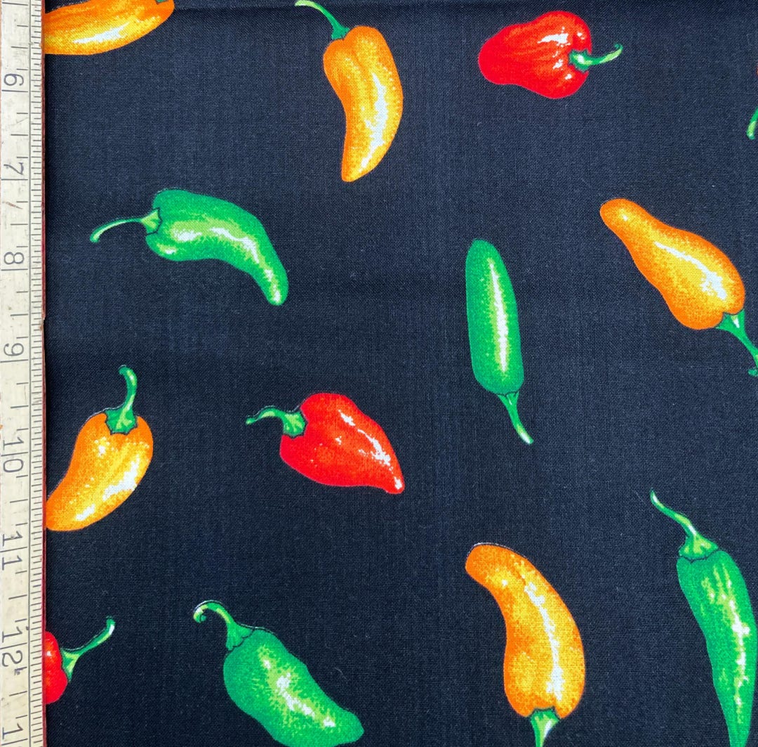 Chili Peppers on Black / Cotton Fabric by the Yard / Cranston Village / Red, Green, Yellow ...