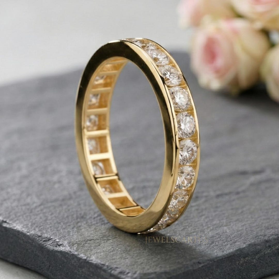 Channel Set Diamond Ring, 14k Gold Wedding Band, Full Eternity Stacking ...