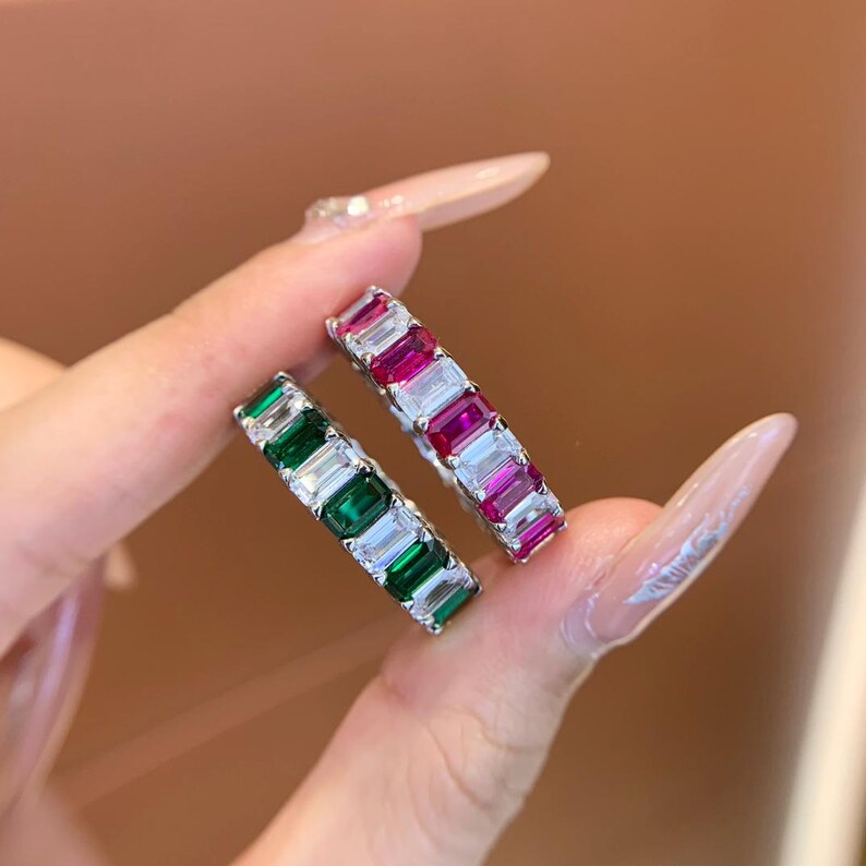 Emerald Cut Eternity Band Ring | Lab Emerald Ruby Band | Colorful Wedding Band | Stackable ...