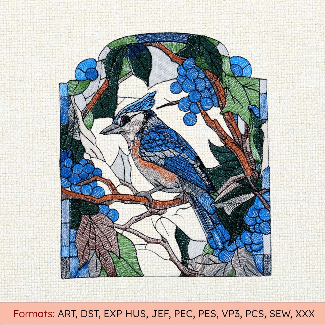 Floral Blue Jay Bird Embroidery Design Stained Glass Embroidery Pattern ...