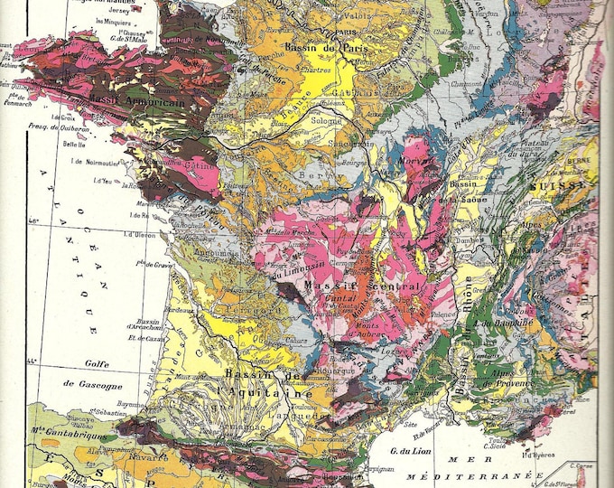 Vintage Geological MAP of FRANCE Poster - French Dictionary Page Color ...