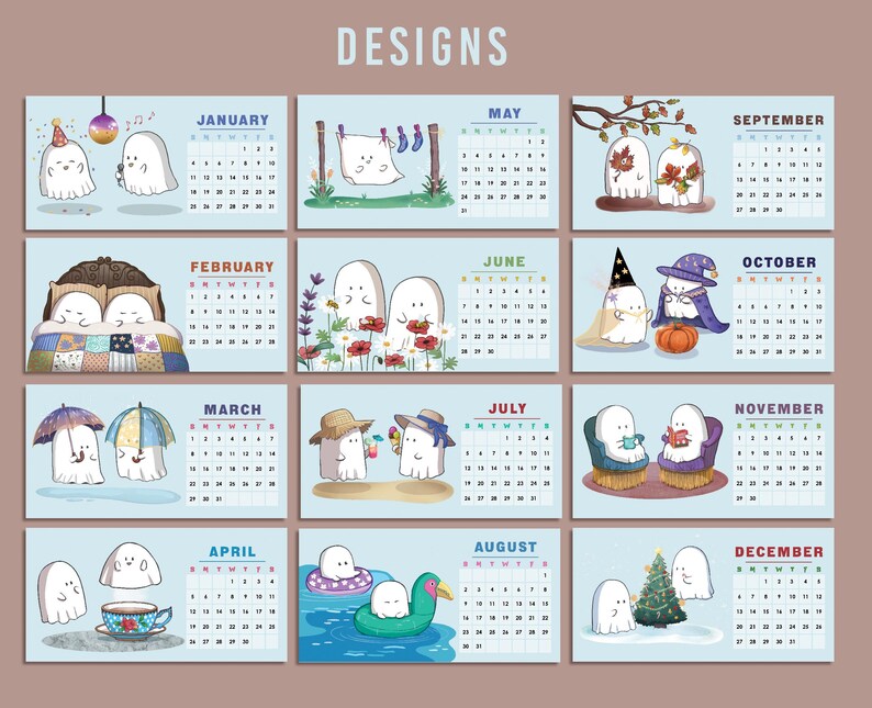 2026 Cute Cozy Scenes Desk Calendar | Cute Ghosts Calendar | Cozy ...