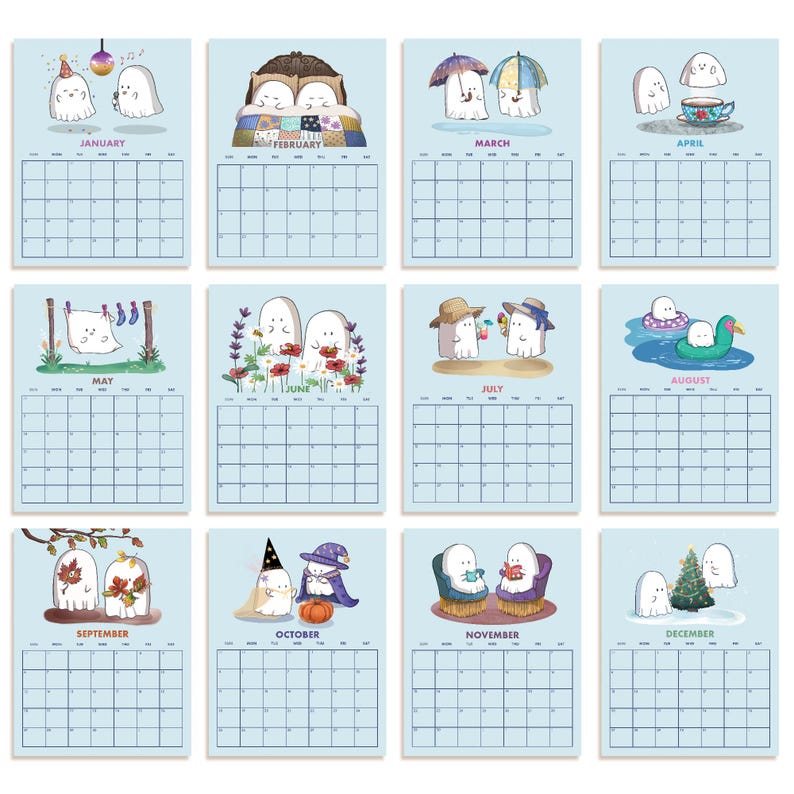 2026 Illustrated Calendar | Cute Ghosts Wall Calendar | Cozy Spooky ...
