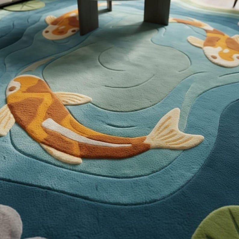 Handmade Koi Fish Tufted Rug | Pond Inspired Organic Shape Area 12x15 ...