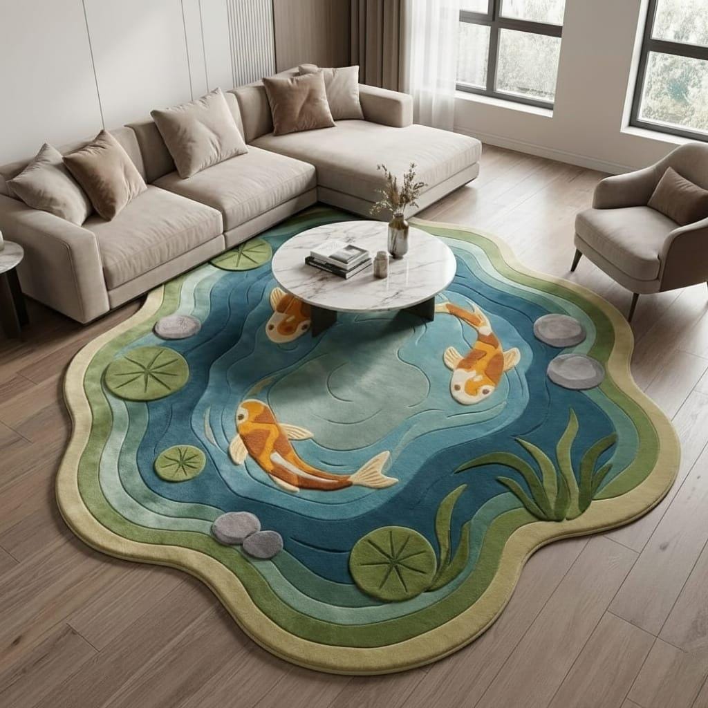 Handmade Koi Fish Tufted Rug | Pond Inspired Organic Shape Area 12x15 ...