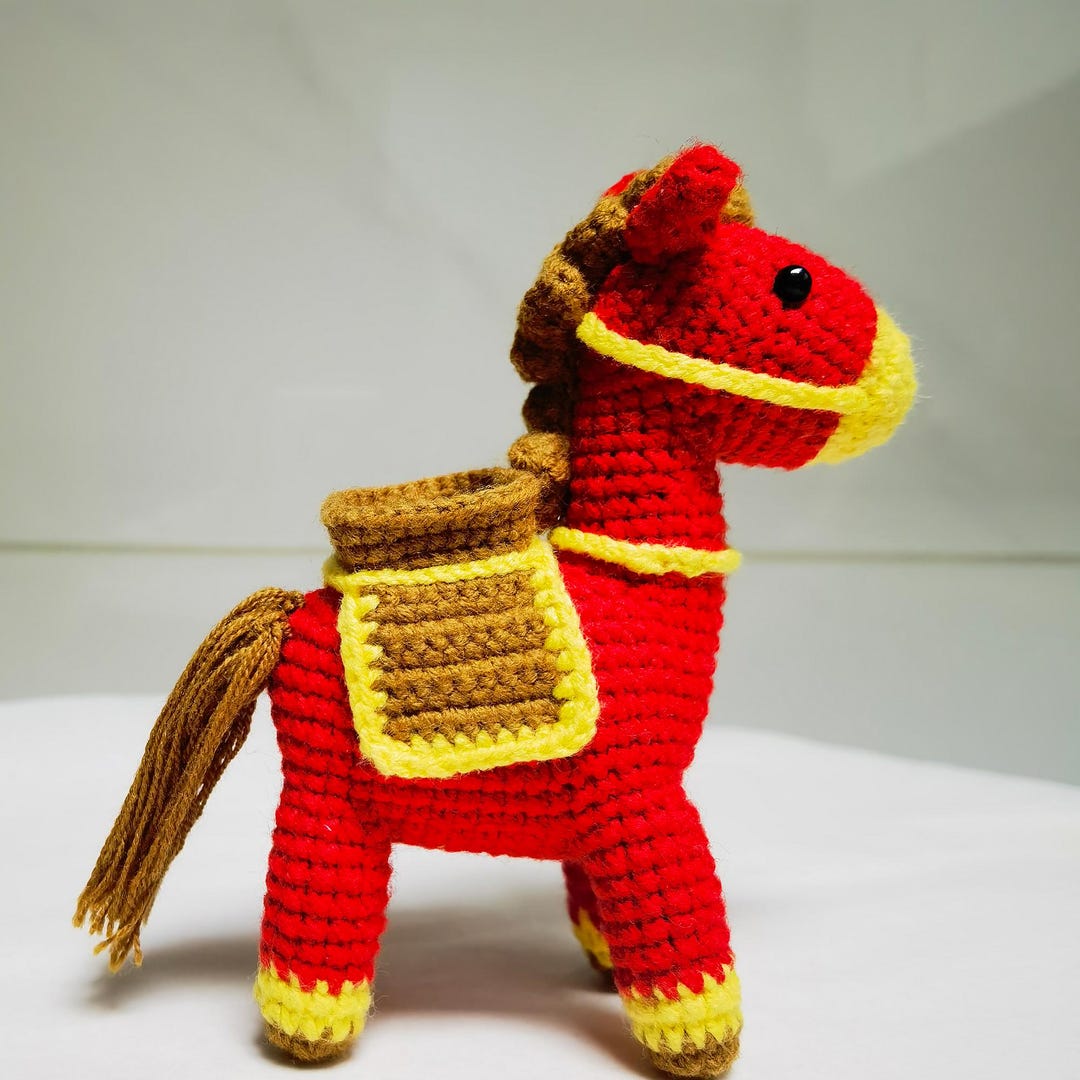 Crocheted Red Horse Toy With Gold Accents,handmade Amigurumi Animal ...