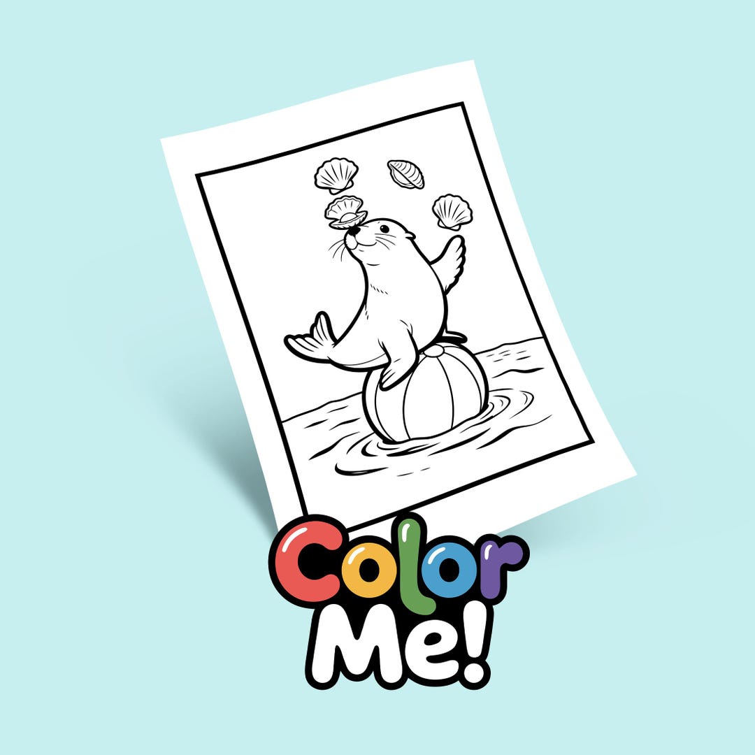 Seal on Beachball Juggling Sea Shells Printable Coloring Sheet (PDF ...