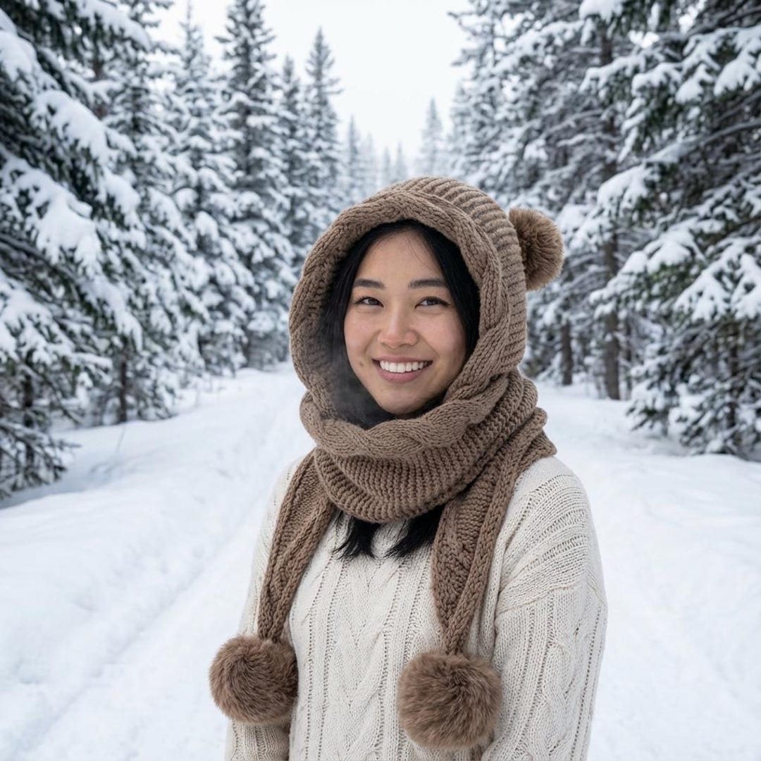 Pom Pom Hooded Scarf Scoodie – Cozy Knit Hood With Built-in Ear Warmers ...